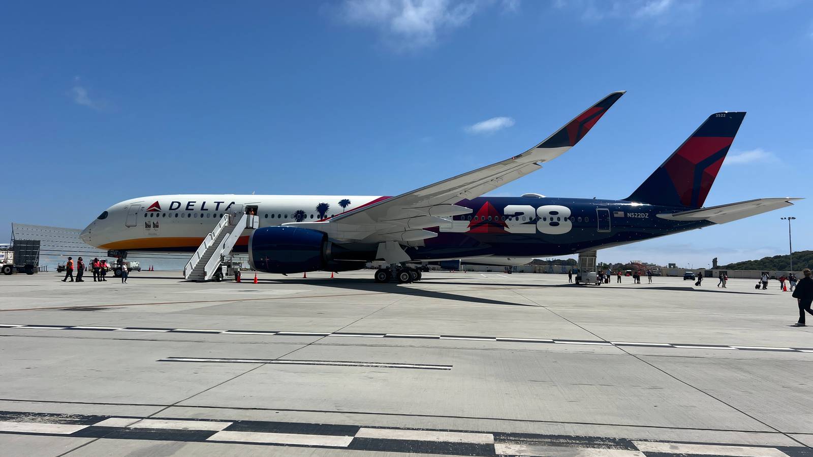 Delta Air Lines "LA28" Airbus A350-900 Arrives In Los Angeles With The Olympic Flag